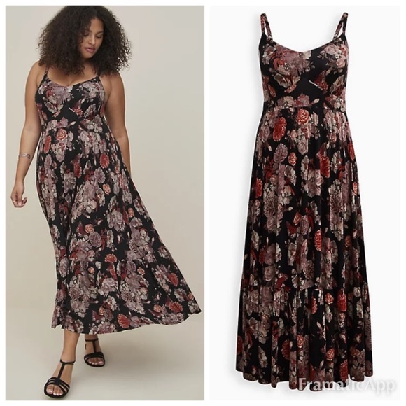 torrid | Dresses | Nwt Torrid Maxi Super Soft Tiered Dress Black Floral ...